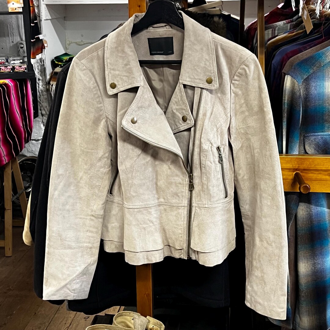 Vero Moda Light Gray Suede Leather Biker Jacket, Motorcycle Jacket ...