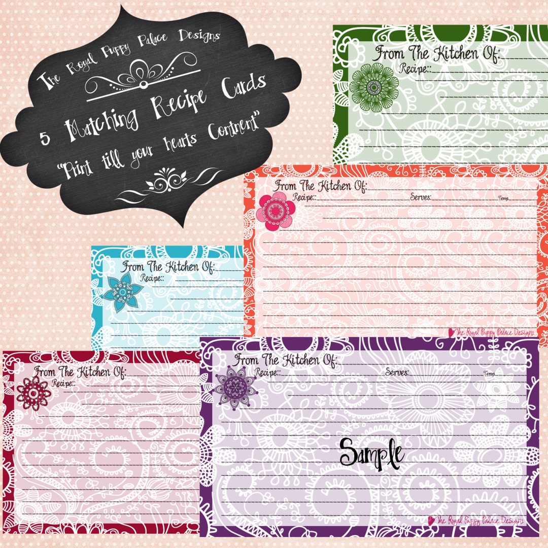 Digital Doodle Flowers Recipe Cards Set of 5 Cards ~ - Etsy