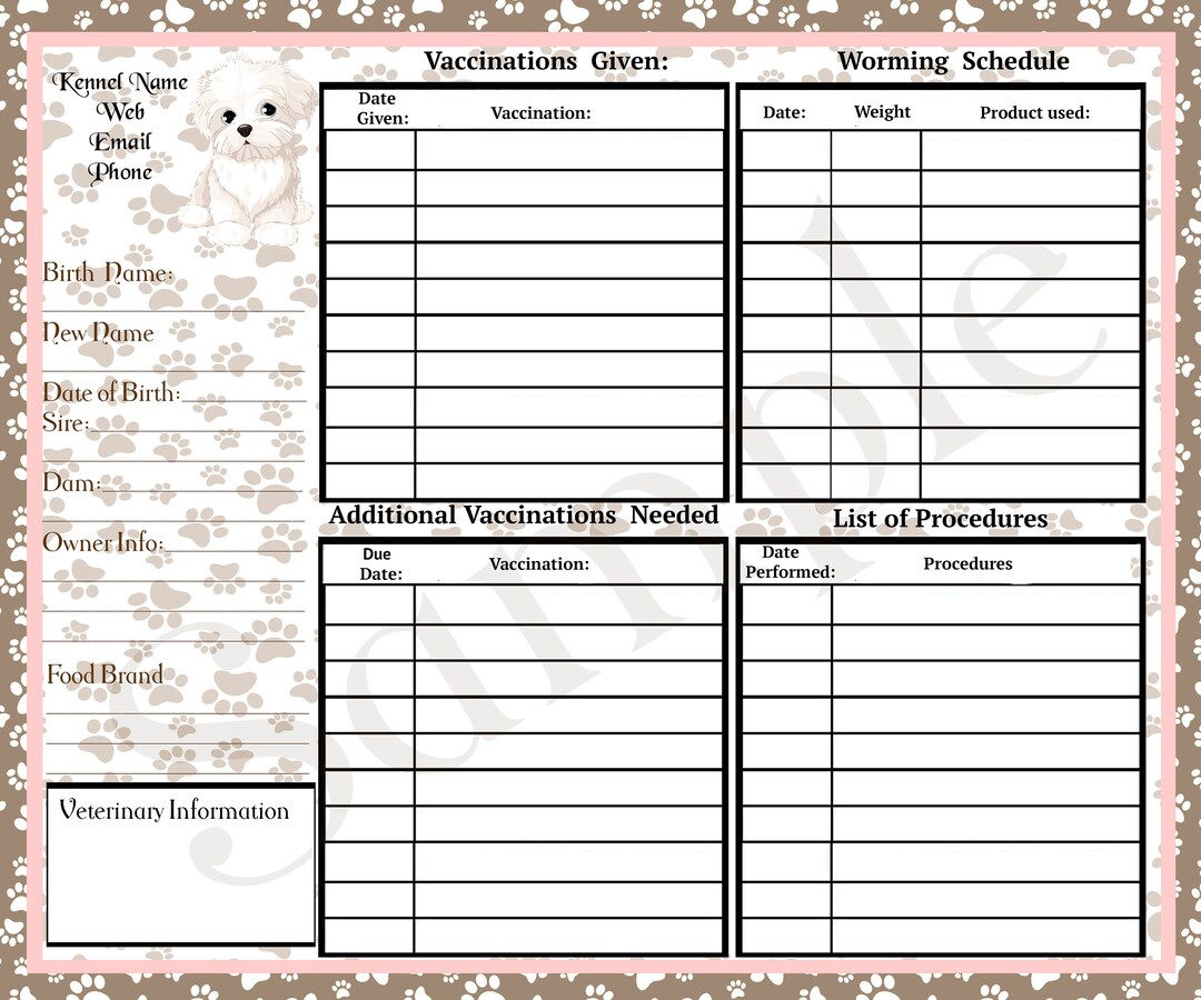 Digital Bichon ,customizable Vaccination Cards for Dog Breeders, Puppy ...