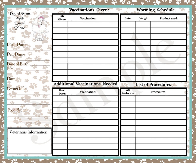 Digital Poodle Customizable Vaccination Cards For Dog Etsy