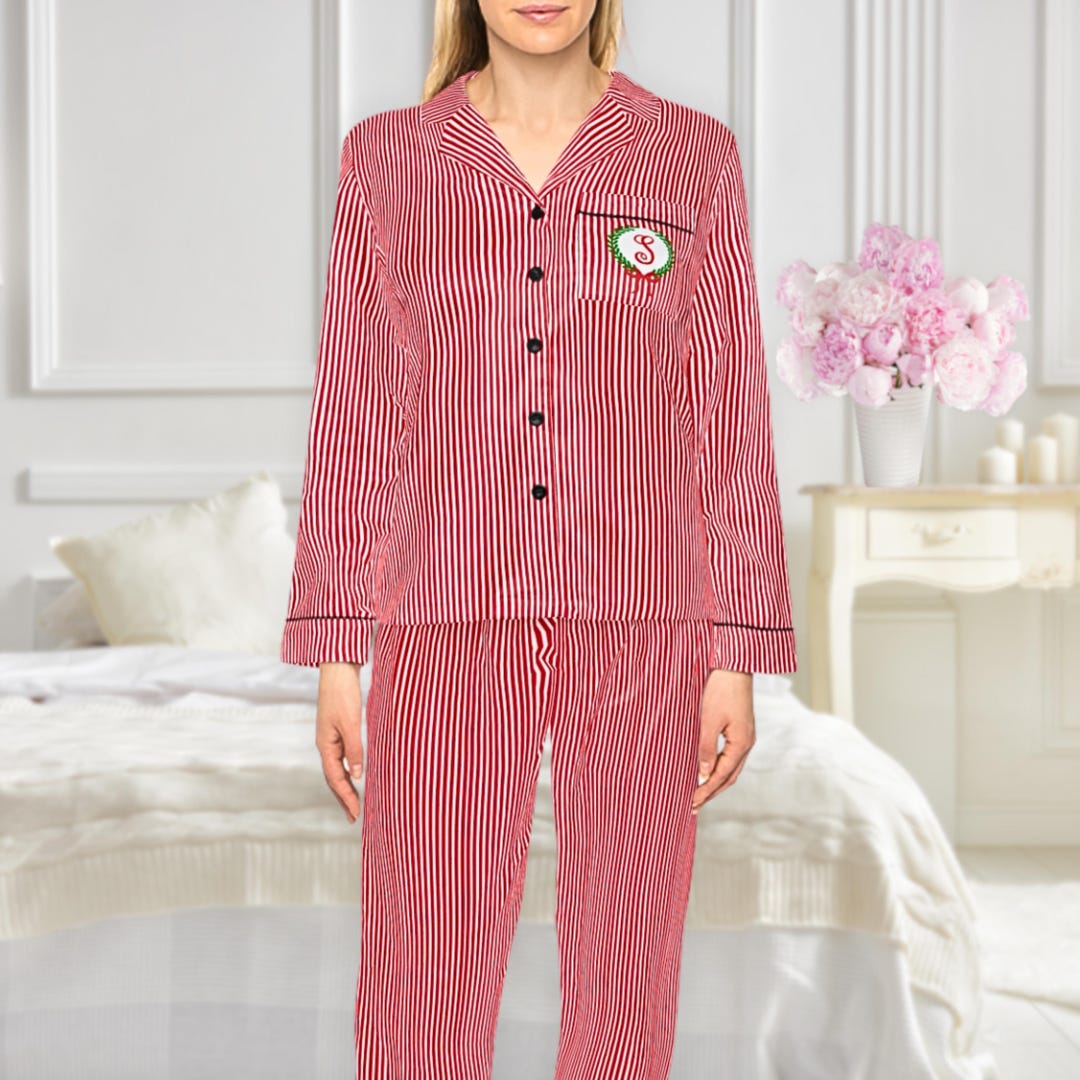 Red French Country Pajamas, Women's Personalized Pajama Set, Preppy ...