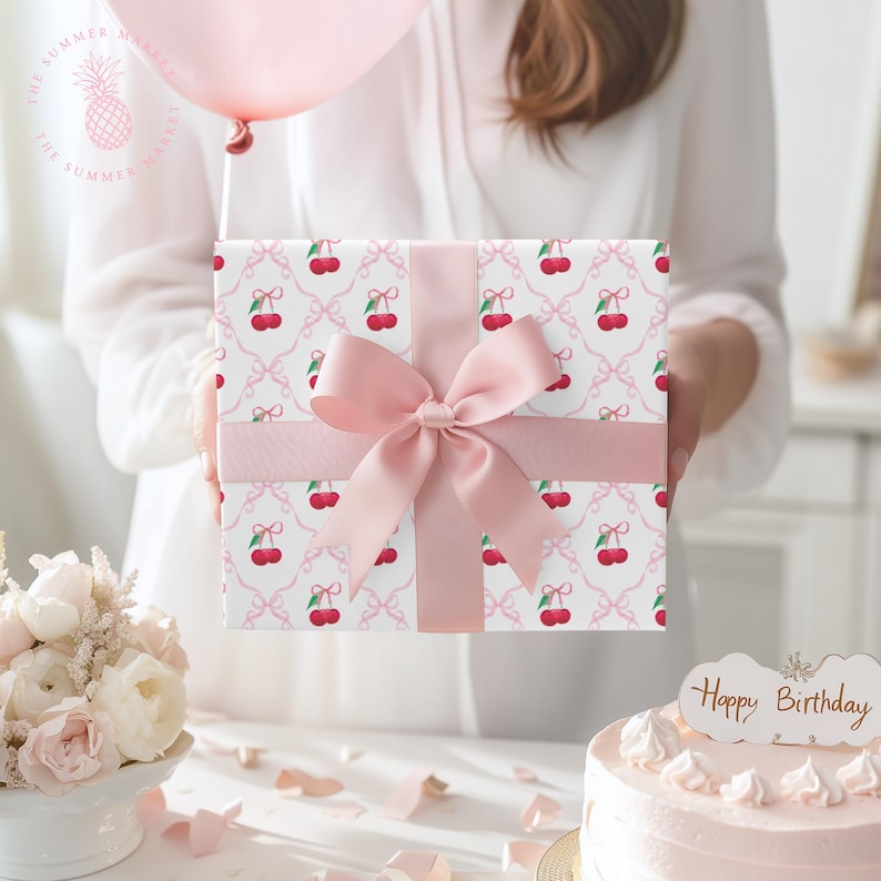Red Mon Cheri Gift Wrap, Coquette Cherry Wrapping Paper, Red Watercolor ...