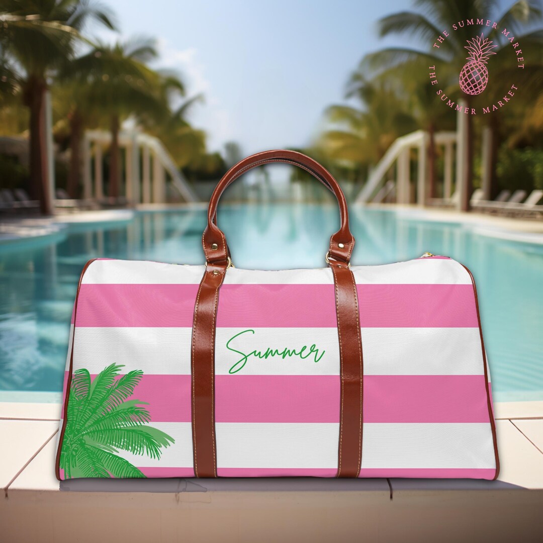 Pink Striped Summer Travel Bag, Personalized Weekender Bag, Pink and ...