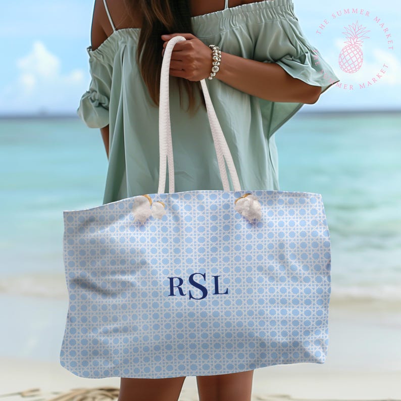 Blue Cane Monogram Beach Bag, Blue and White Cane Tote, Grandmillennial ...
