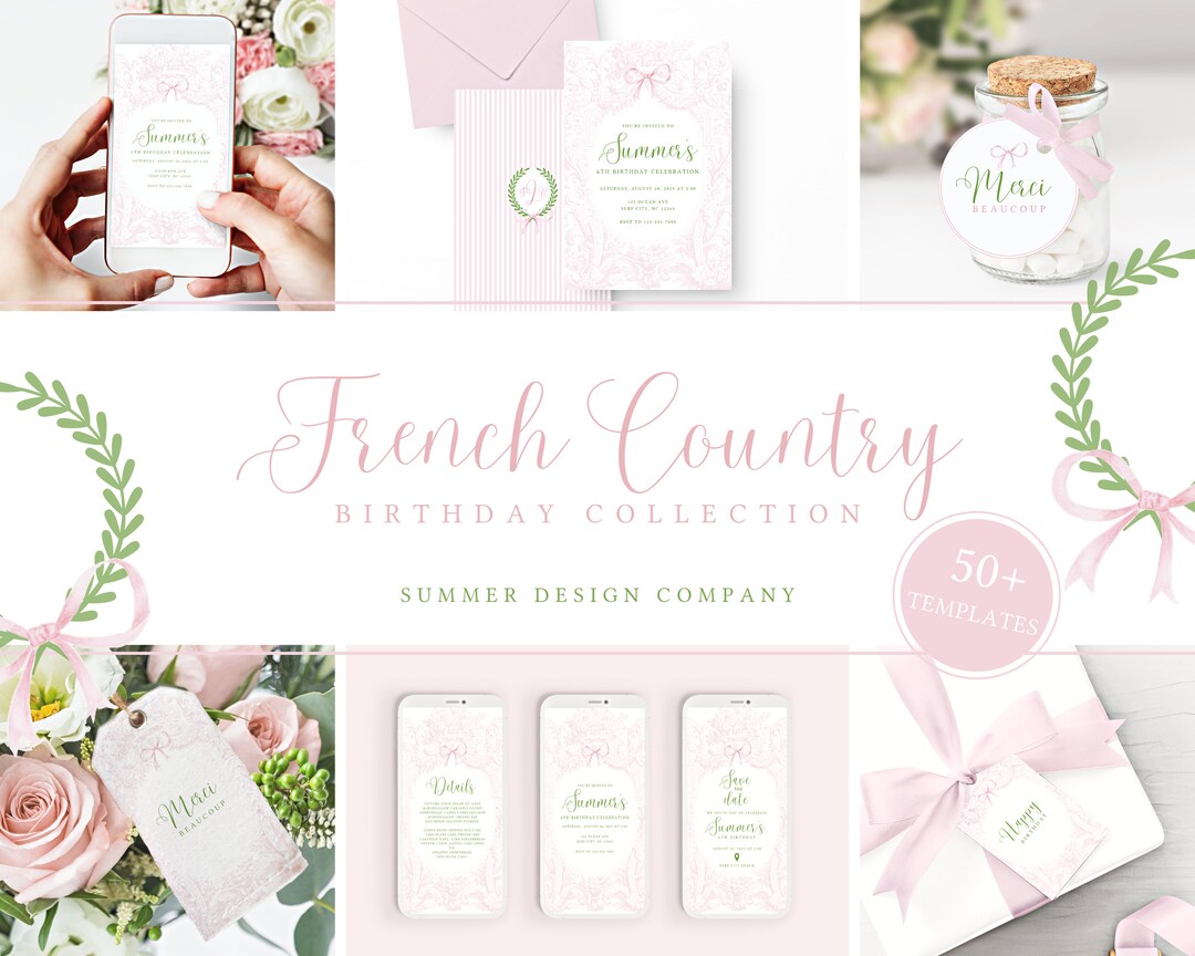 Pink French Country Birthday Collection Editable Template - Etsy