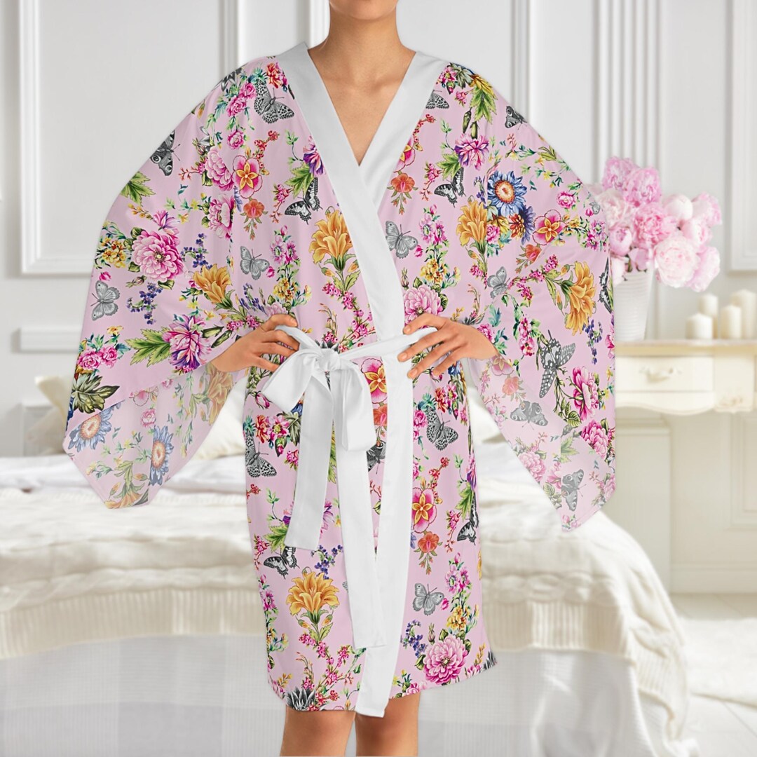 Pink Cottage Garden Robe, Spring Botanical Kimono, Colorful Floral ...