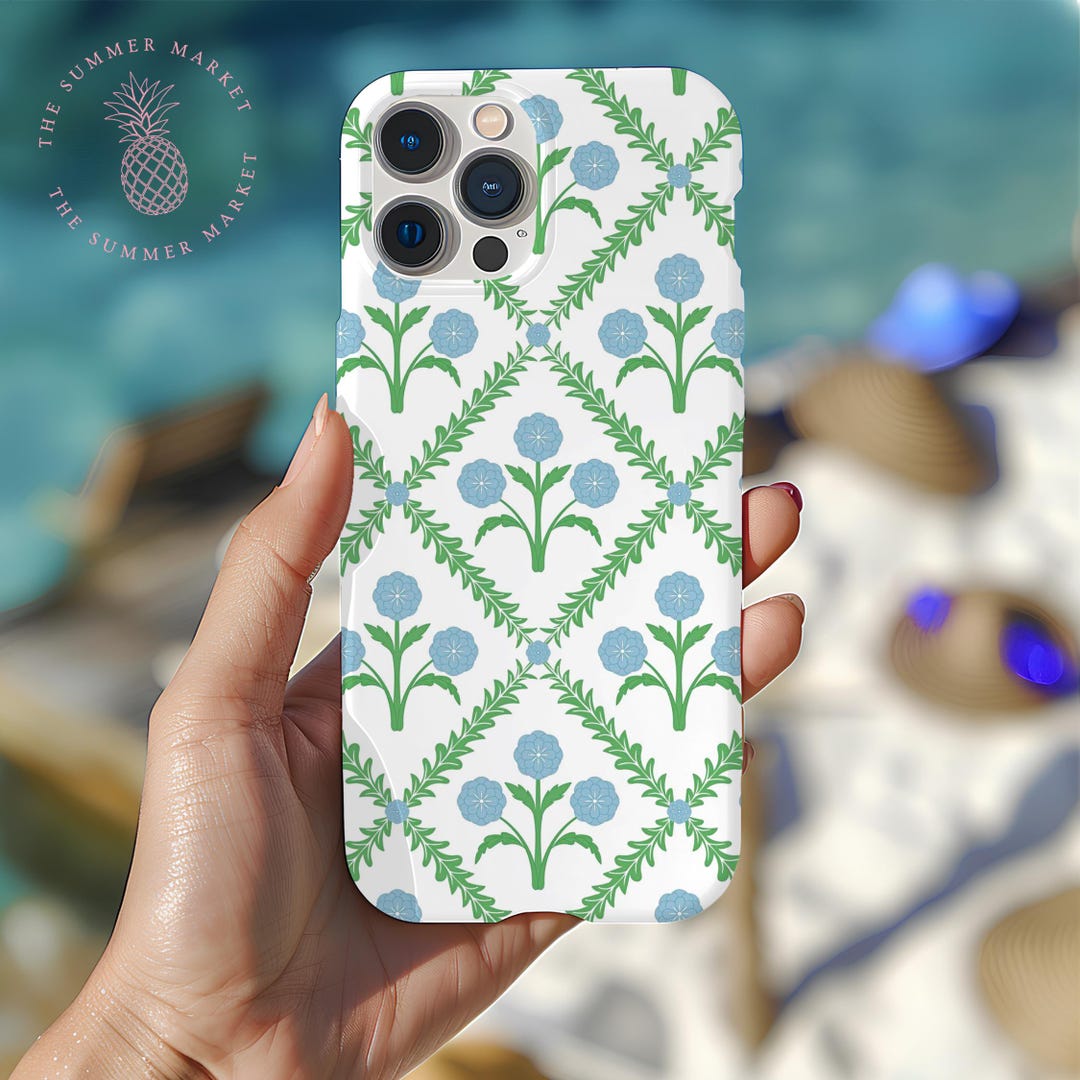 Blue and Green Boho Spring Phone Case, Modern Floral Smartphone, Preppy Trellis iPhone Case ...