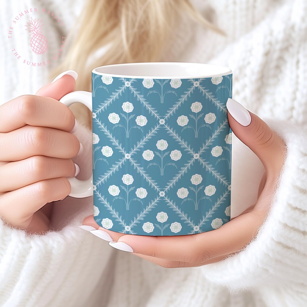 Blue Boho Spring Mug, Modern Floral Ceramic Mug, Preppy Trellis 11oz ...