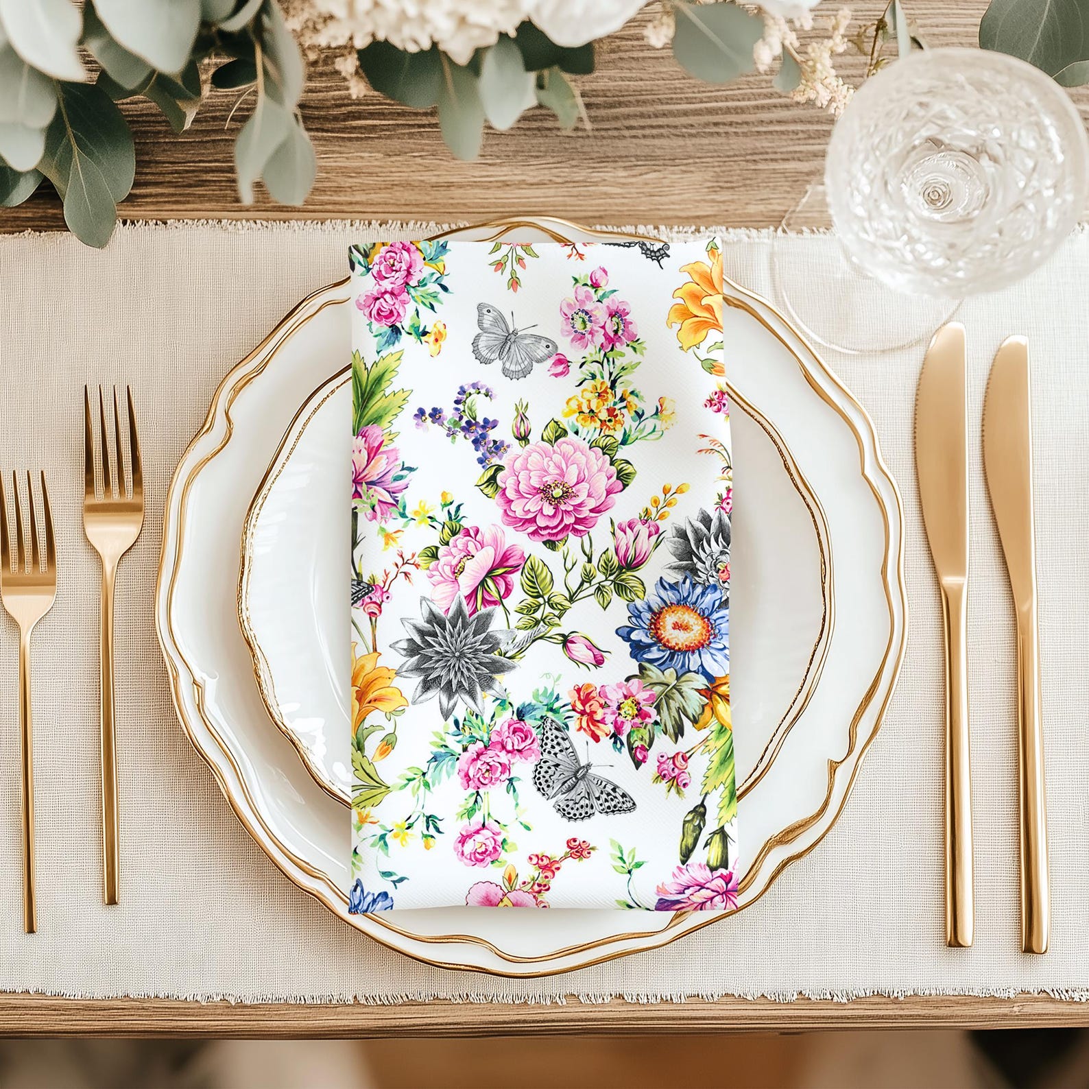 White Cottage Garden Napkins, Spring Botanical Dinner Napkins, Colorful ...