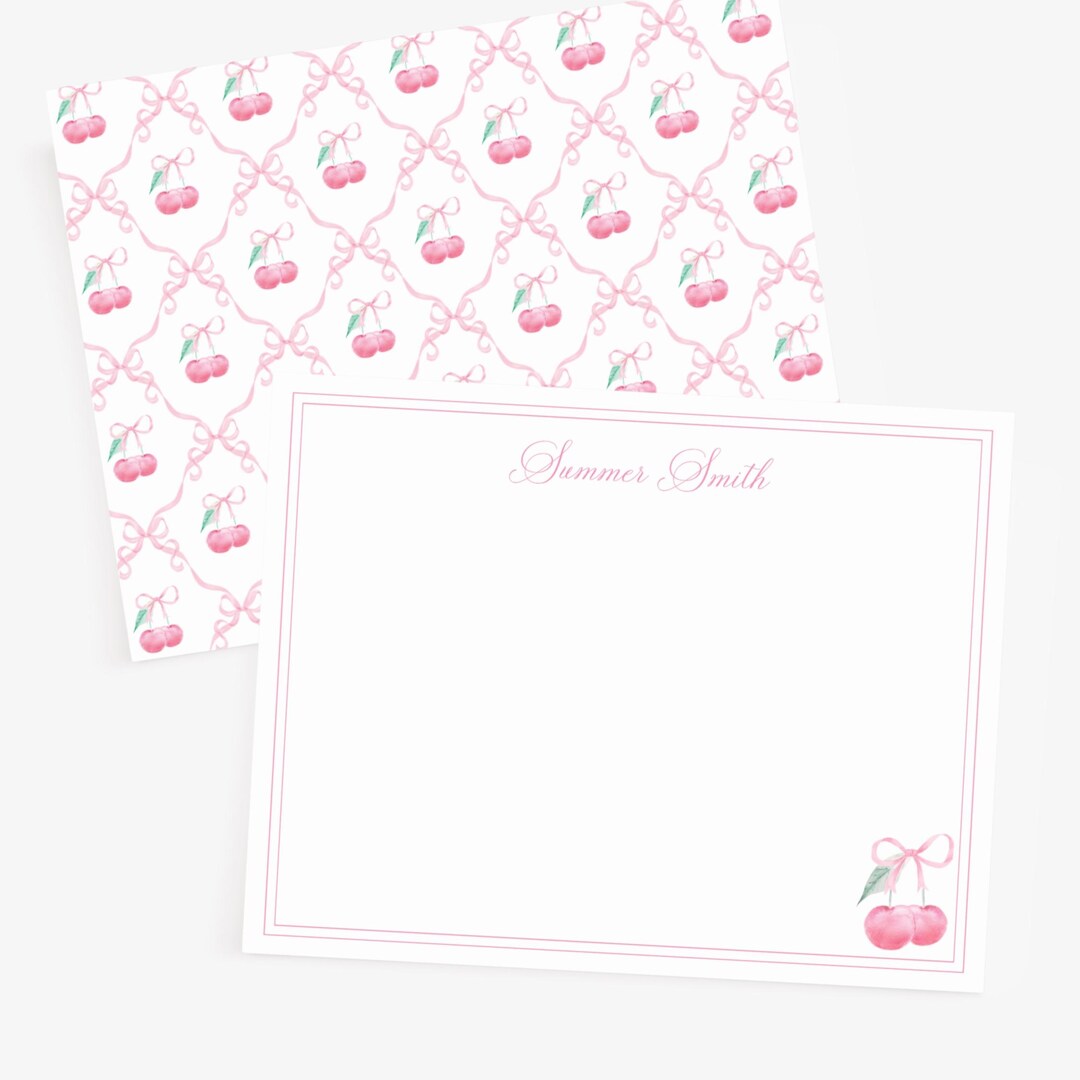 Pink Mon Cheri Stationery, Coquette Cherry Notecards, Pink Watercolor ...