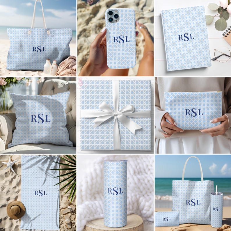 Blue Cane Monogram Beach Bag, Blue and White Cane Tote, Grandmillennial ...