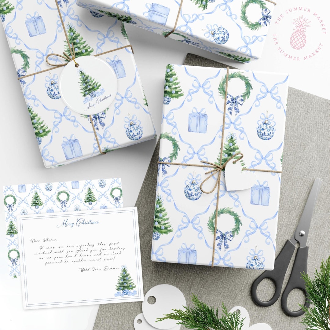 Blue Holiday Gift Wrap, Watercolor Chinoiserie Christmas Wrapping Paper ...