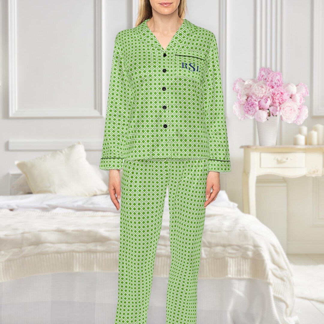 Green Cane Monogram Pajamas, Green and White Cane Pajama Set ...