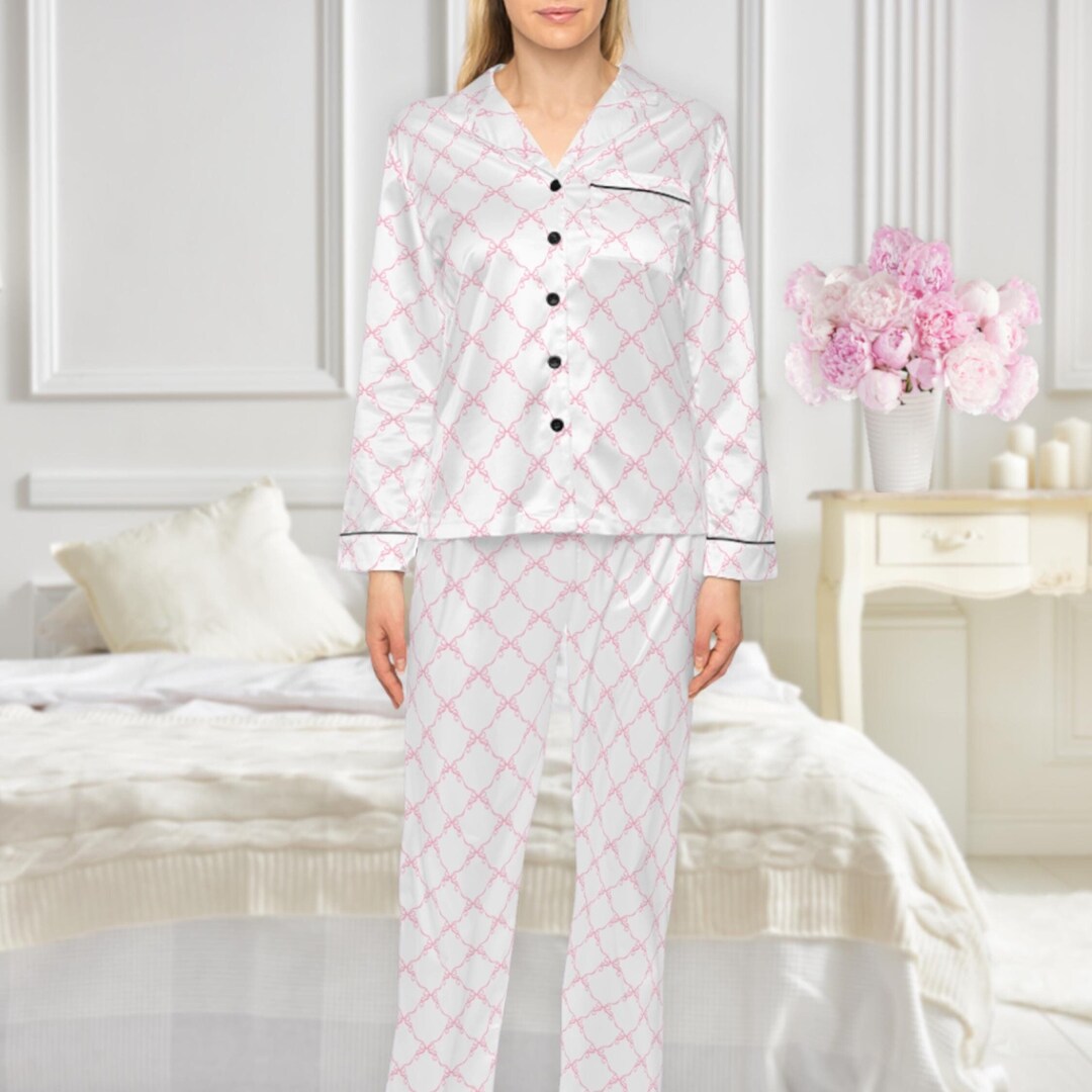 Pink Coquette Bows Satin Pajamas, Grandmillennial Matching Pajama Set ...