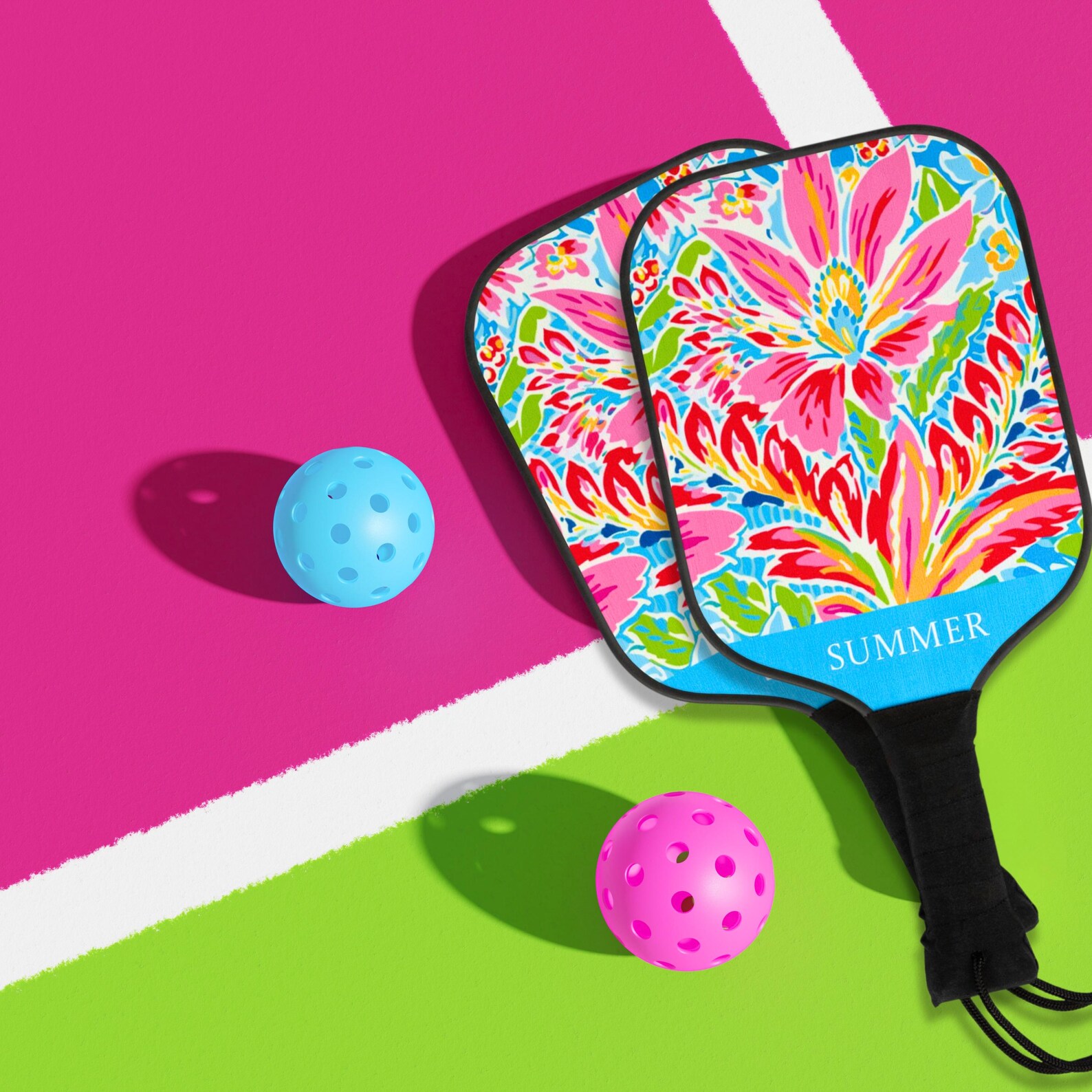Blue Preppy Floral Pickleball Kit, Personalized Pickleball Paddles ...