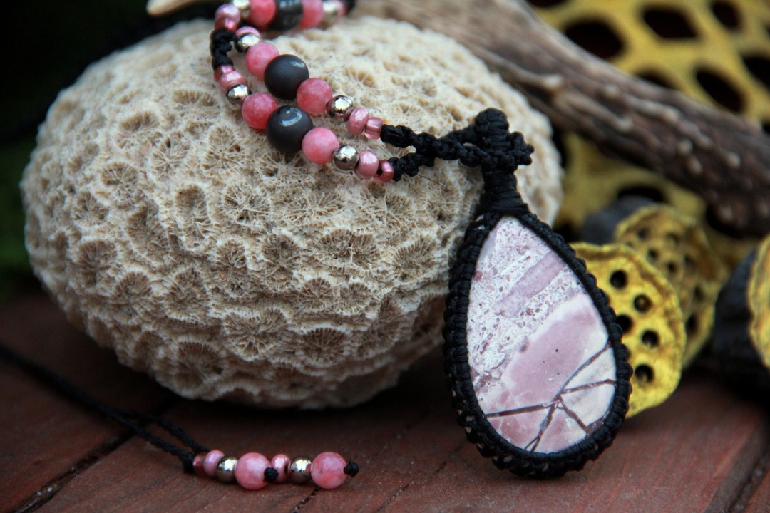 Boho Beaded Macrame Necklace With Pink Jasper - Etsy