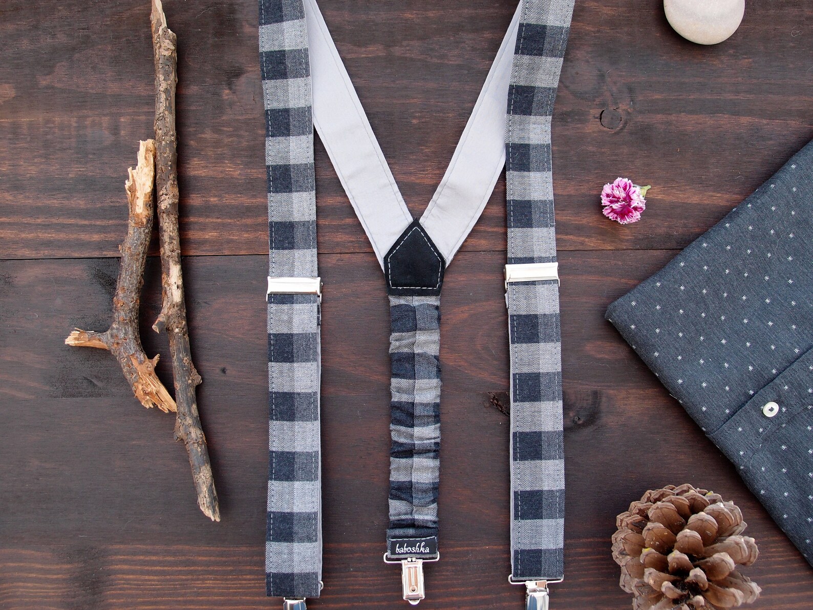 Checkered Grey Mens Suspenders With Clips, Lumberjack Braces for Men ...