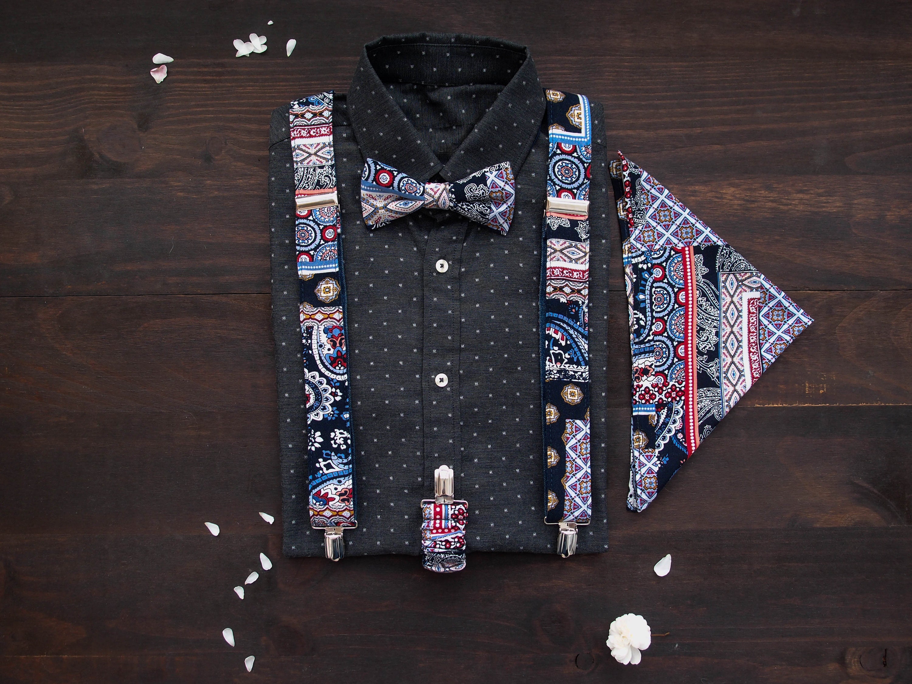 Colorful Bow Tie and Suspenders for Men With Matching Pocket Square ...