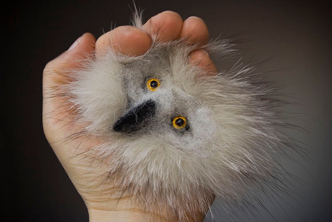 OWL Brooch, White Recycled Natural Fur, Felted Merino Wool, Glass Eyes ...