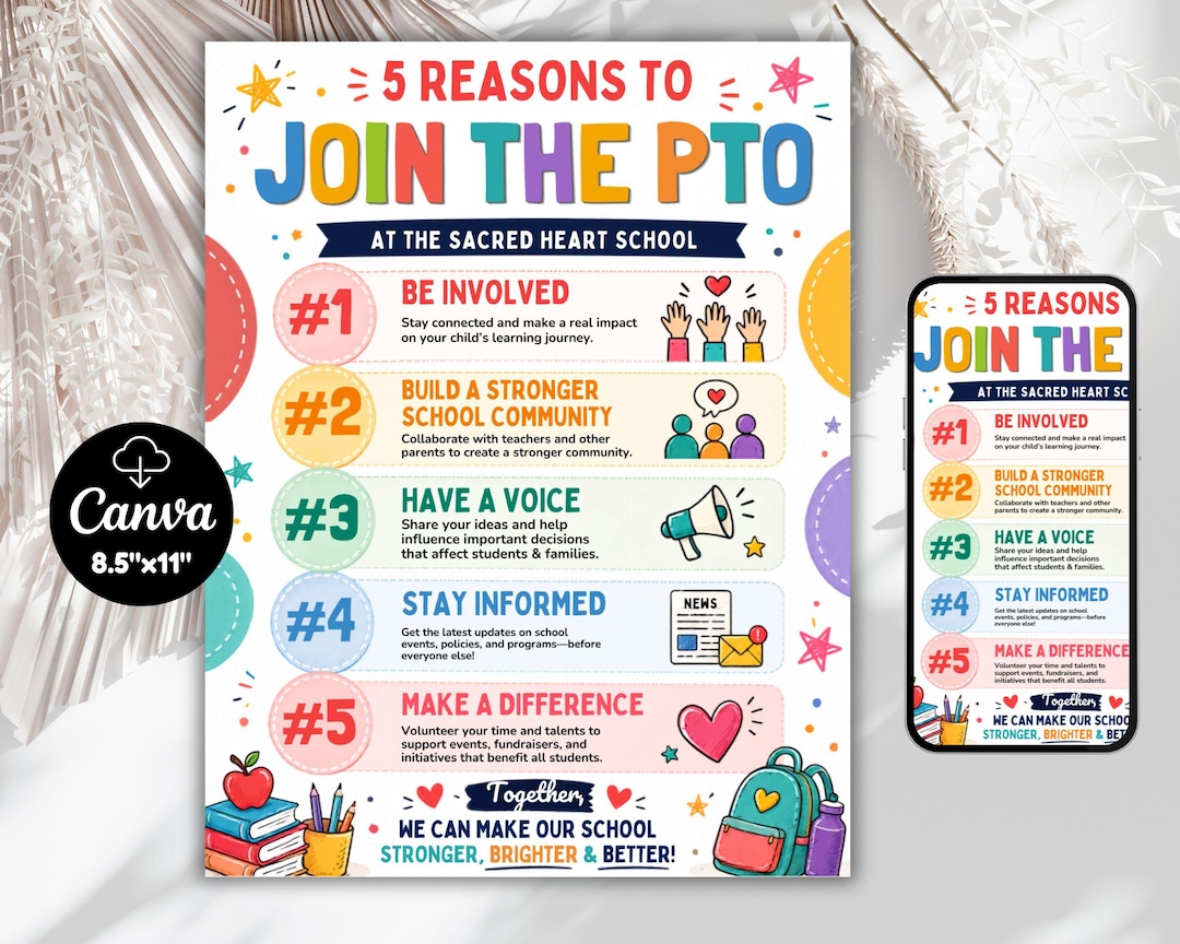 Editable PTA PTO Recruitment Flyer, 5 Reasons to Join Poster (canva ...