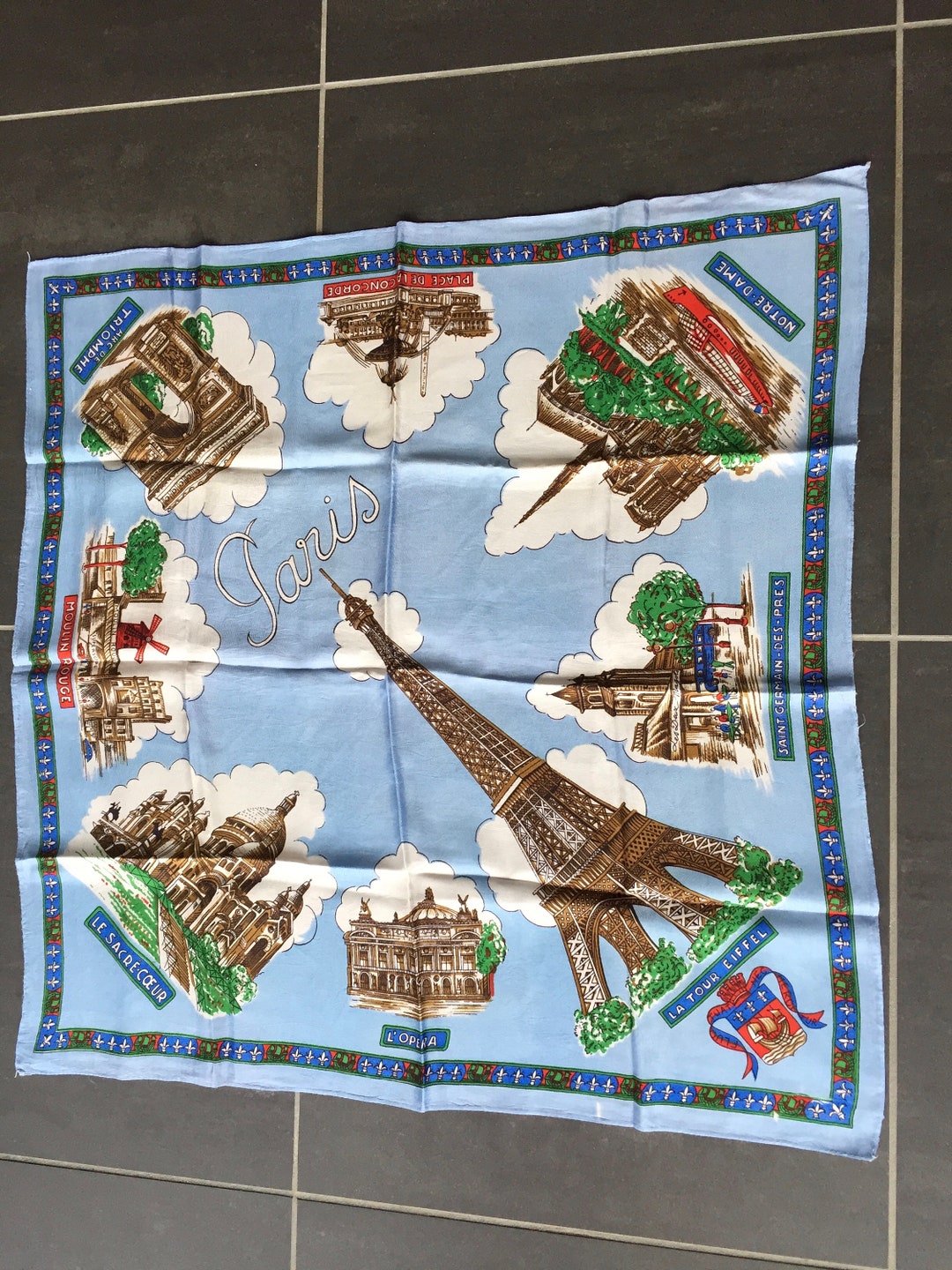 Vintage Tourist Scarf Paris France Souvenir Head Scarf Eiffel Tower ...