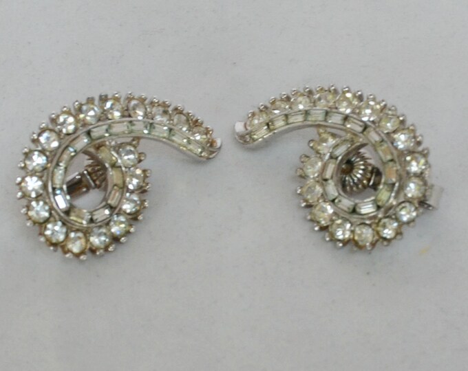 Vintage HENRY BOGOFF Rhinestone Earrings Swirl Design Clip-ons 1940s Tl ...