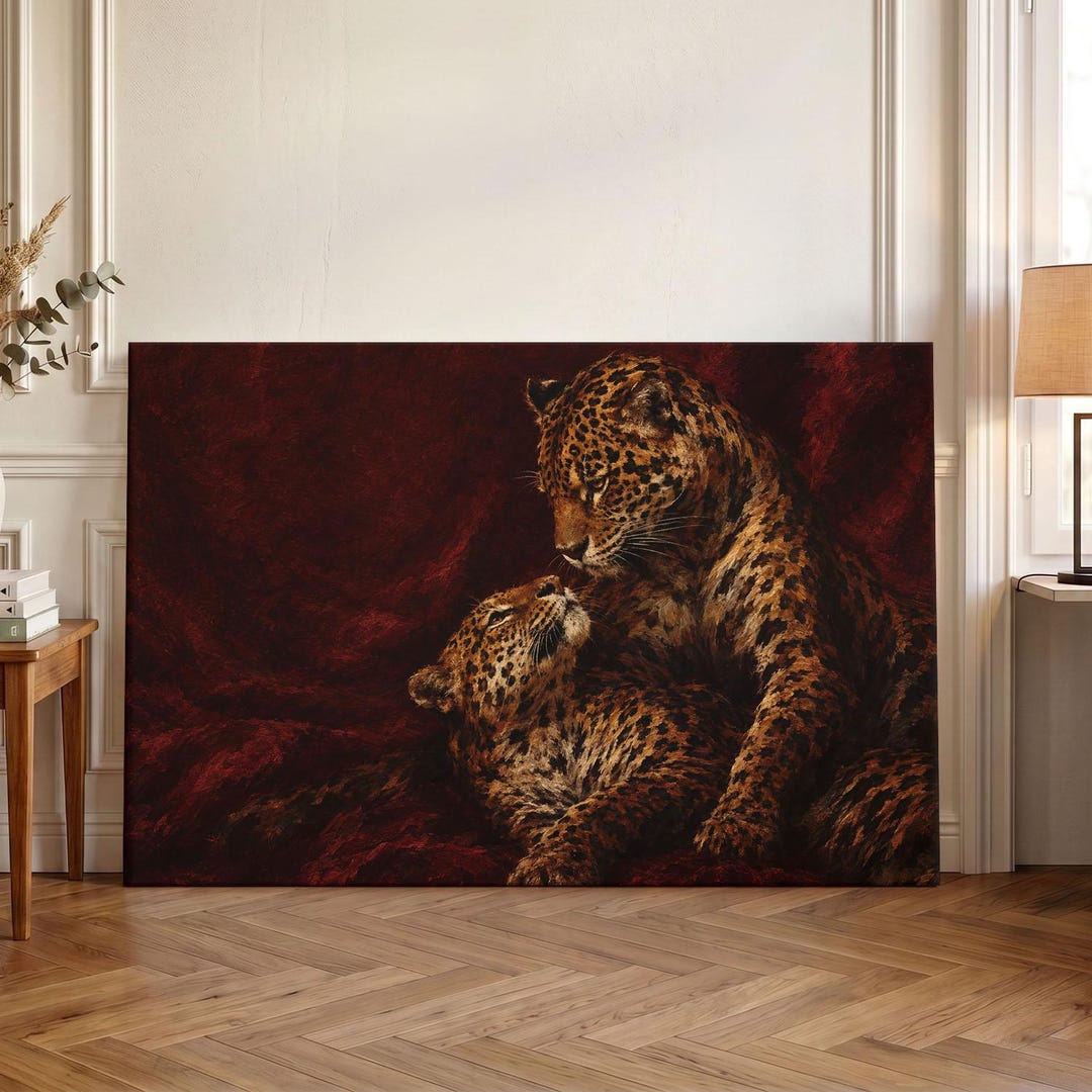 Leopard Couple Canvas Print, Moody Dark Red Wall Art, Romantic Big Cat ...