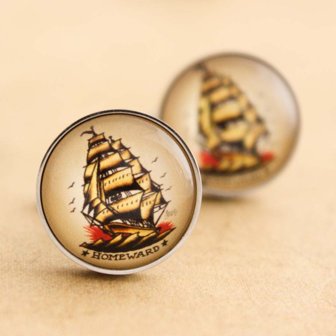 Sailor Jerry Cufflinks - Stainless Steel Mens Nautical Ship Cuff Links ...