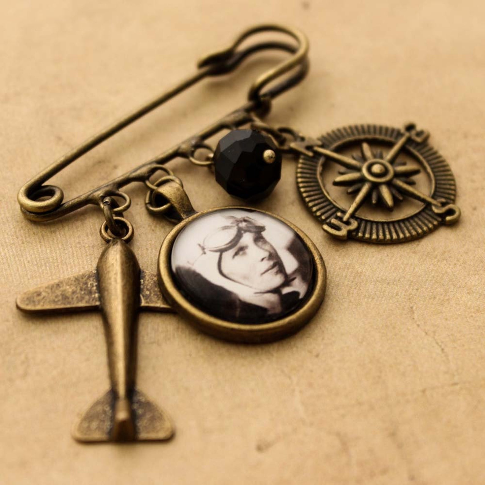 Amelia Earhart Brooch, Aviation, Plane Badge, Steampunk Brooch, Vintage ...