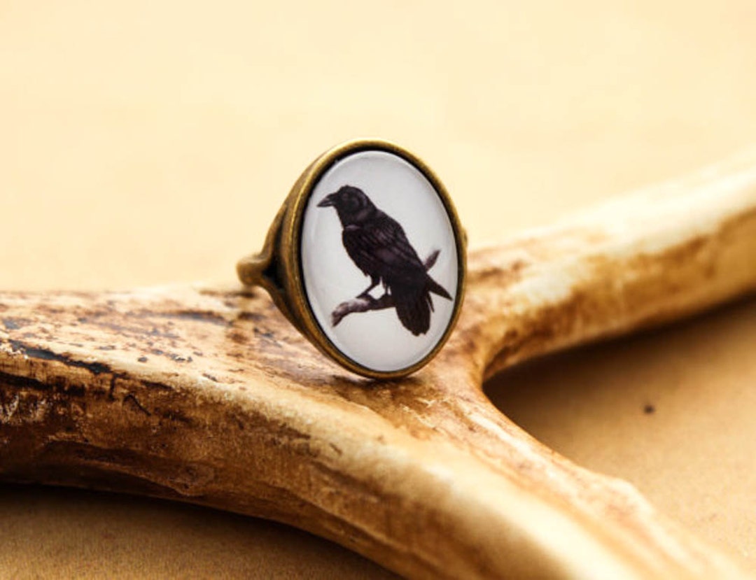 Bronze Raven Ring Steampunk Cabochon Crow Poe Bird - Etsy