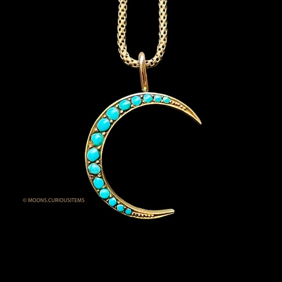 Antique Turquoise & Gold Crescent Moon Pendant - Gem
