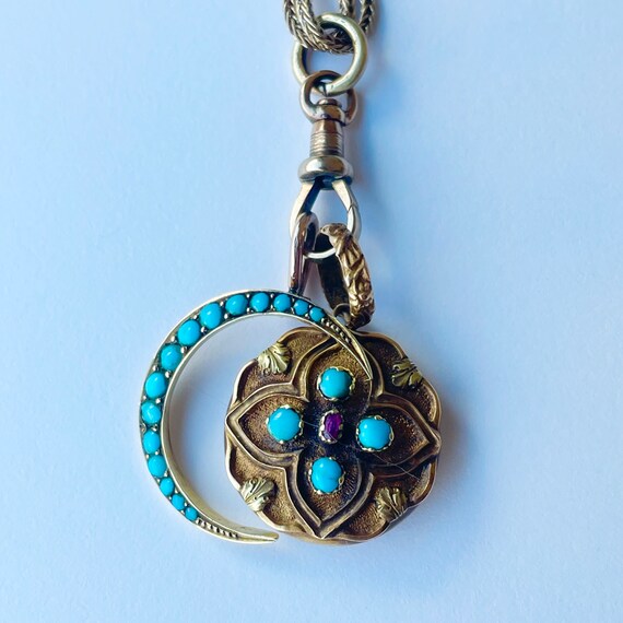 Antique Turquoise & Gold Crescent Moon Pendant - Gem