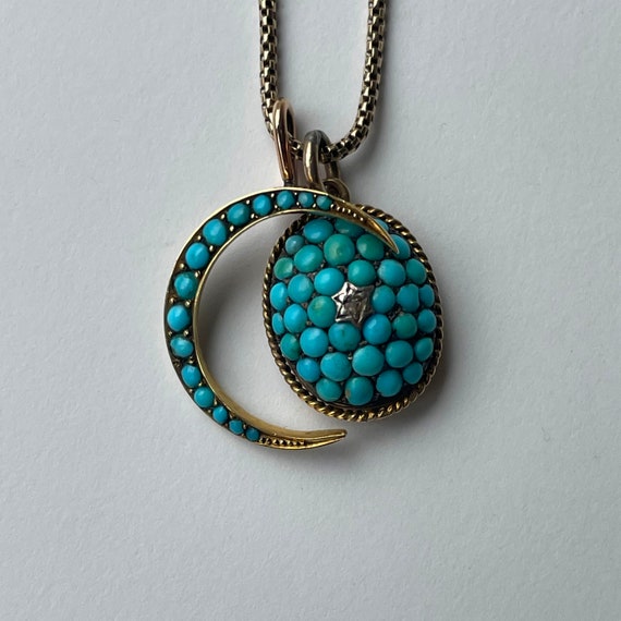 Antique Turquoise & Gold Crescent Moon Pendant - Gem