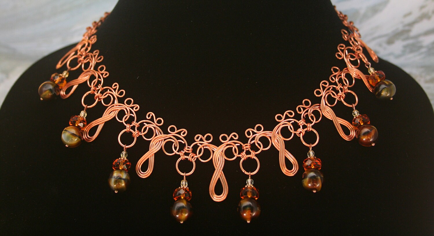 Copper Lace Necklace With Vintage Glass Beads - Etsy