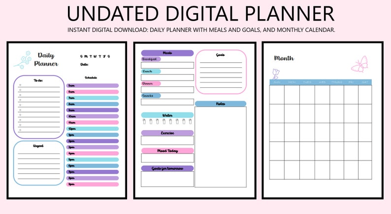 Undated Pastel Digital Daily Planner, Monthly Planner, Printable ...
