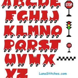 Race Car Fonts on Wheels Fill Embroidery Design Alphabet 3 Sizes ...