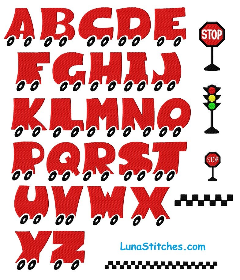 Race Car Fonts on Wheels Fill Embroidery Design Alphabet 3 Sizes ...