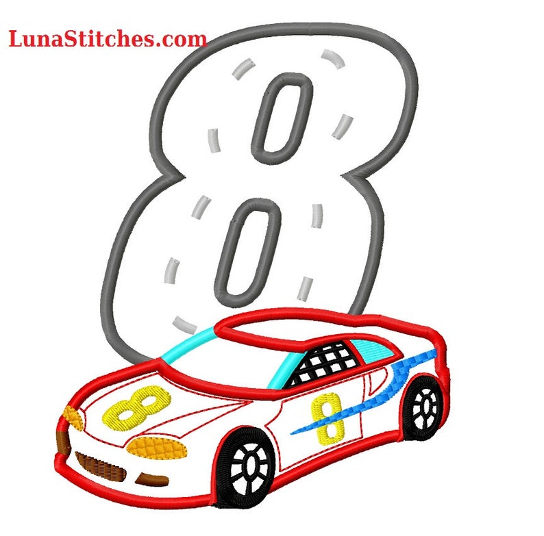 Red Race Car Eight Number 8 APPLIQUE Embroidery Design 5x7 INSTANT ...