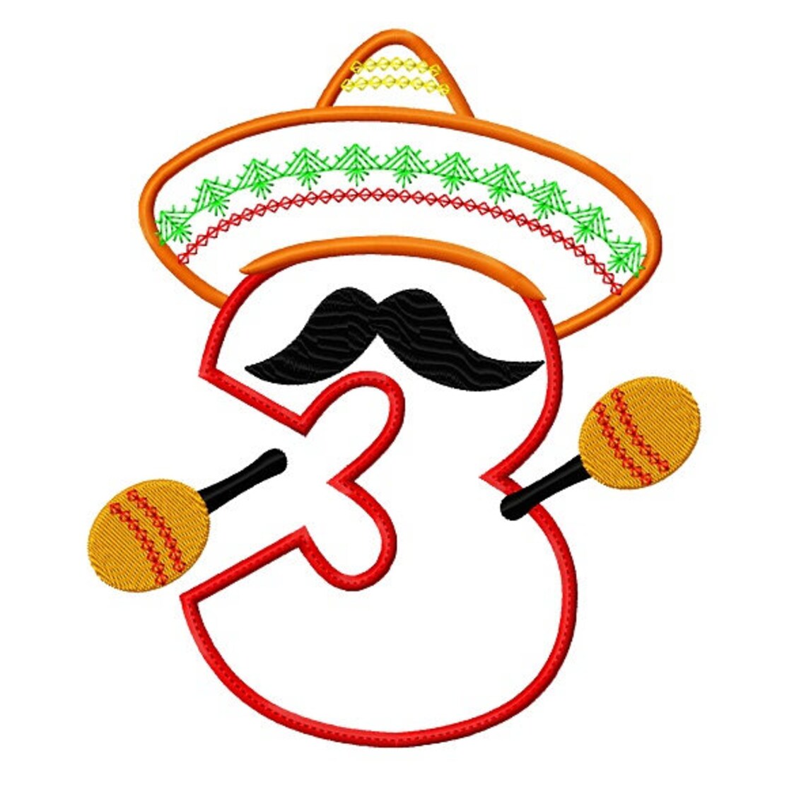 Mexican Fiesta Hat Number Three 3 APPLIQUE Embroidery Design, Instant ...