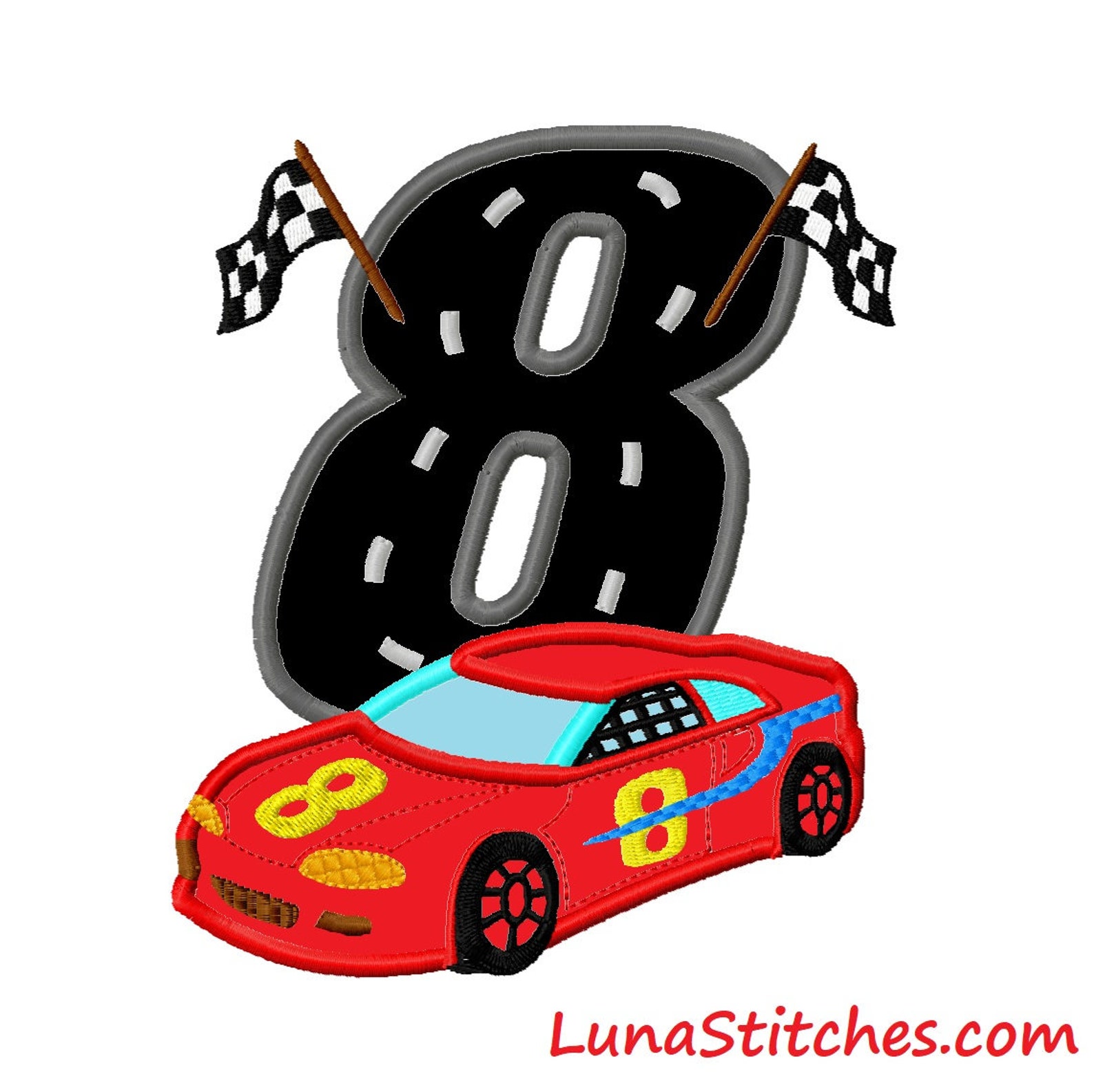 Red Race Car Eight Number 8 with Flags APPLIQUE Embroidery | Etsy