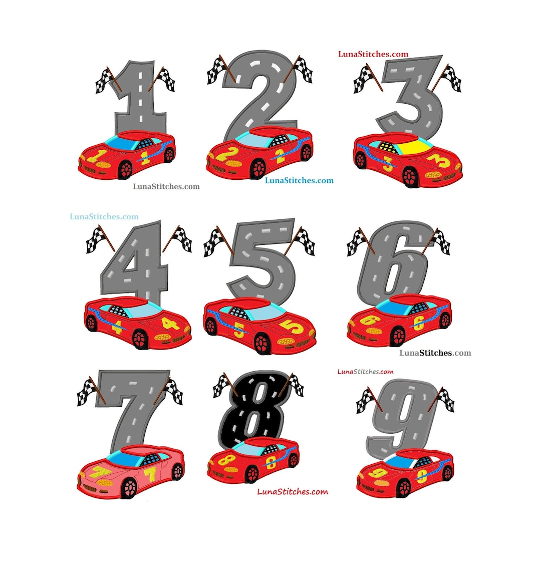 Red Race Car 1 to 9 Number Set With Checkered Flags APPLIQUE Embroidery ...