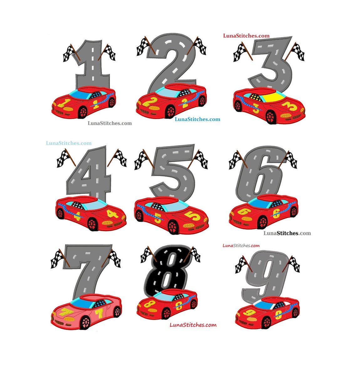 Red Race Car 1 to 9 Number Set With Checkered Flags APPLIQUE Embroidery ...