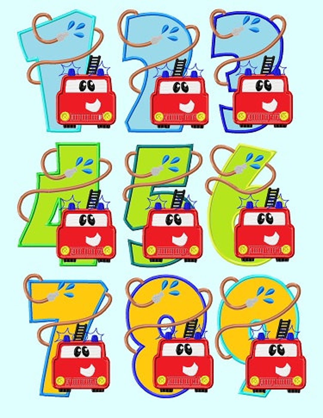 Firefighter Fire Truck Number Set 1 to 9 APPLIQUE Embroidery Designs ...