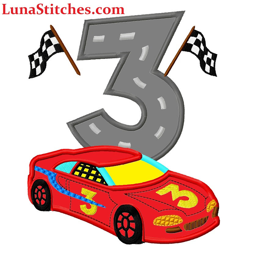 Red Race Car Three 3 APPLIQUE Embroidery Design INSTANT DOWNLOAD - Etsy