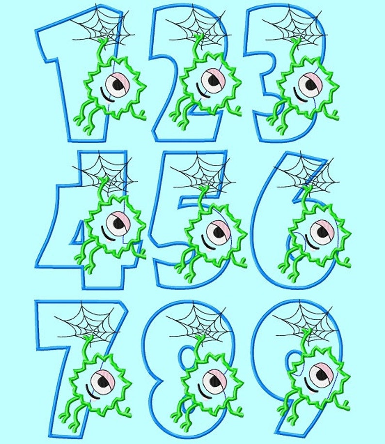 Monster Number Set 1 to 9 APPLIQUE Embroidery Designs / 4 Sizes Each ...