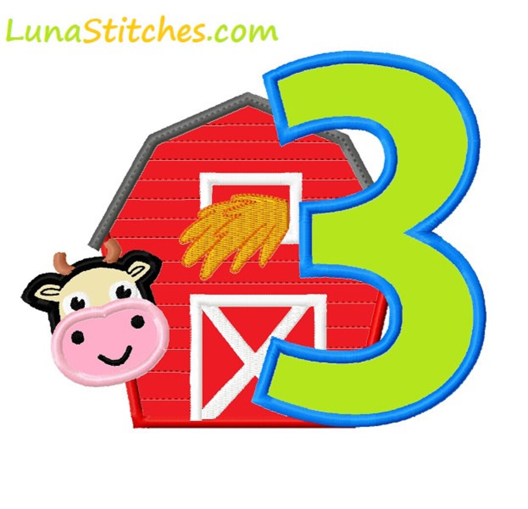 Cow Farm Barn House Number Three Birthday APPLIQUE Embroidery Design 3 ...