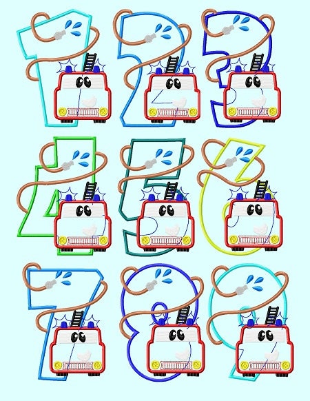 Firefighter Fire Truck Number Set 1 to 9 APPLIQUE Embroidery | Etsy