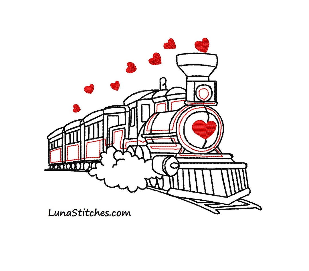 Love Hearts Sketch Train Quick Stitch Embroidery Design INSTANT ...