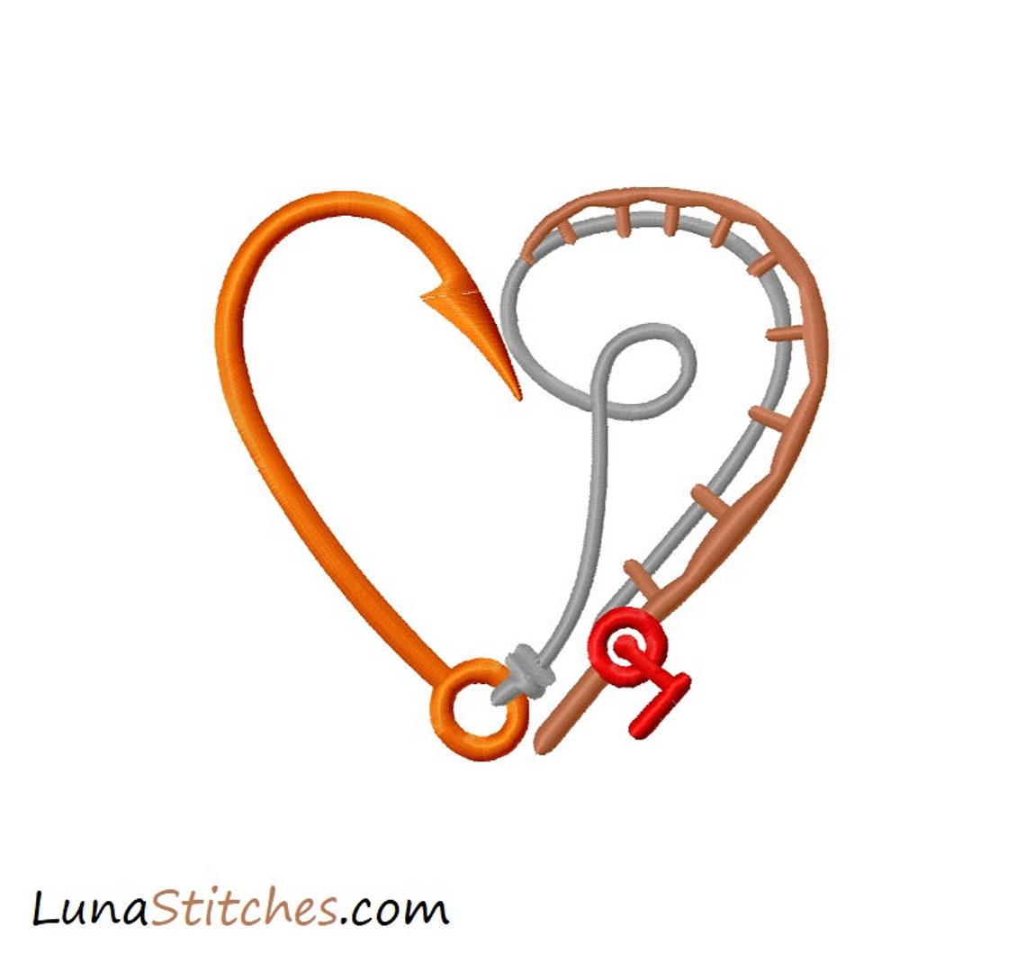Fishing Rod Hook Heart Shape Satin Stitches Embroidery Design | Etsy
