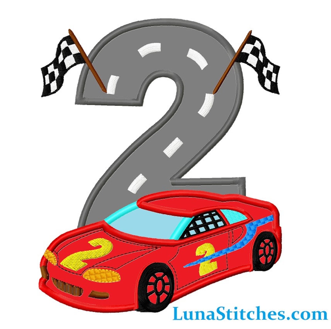 Red Race Car Two 2 Checkered Flags APPLIQUE Embroidery Design INSTANT ...